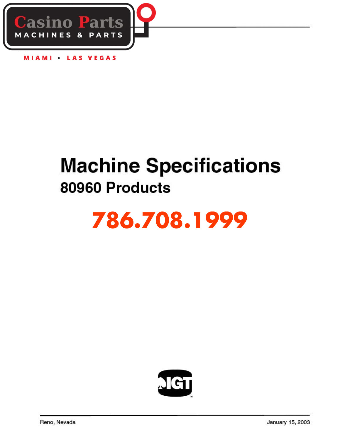 IGT Machine Specifications-80960 Products
